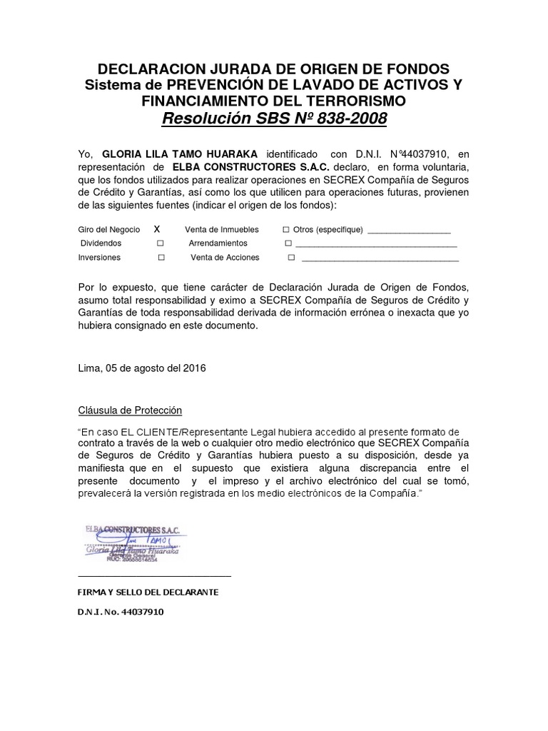 Declaracion Jurada de Origen de Fondos | PDF