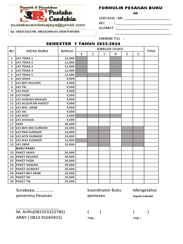 Form Pesanan Mi Th 23-24 Lks & Kurmerlengkap | PDF
