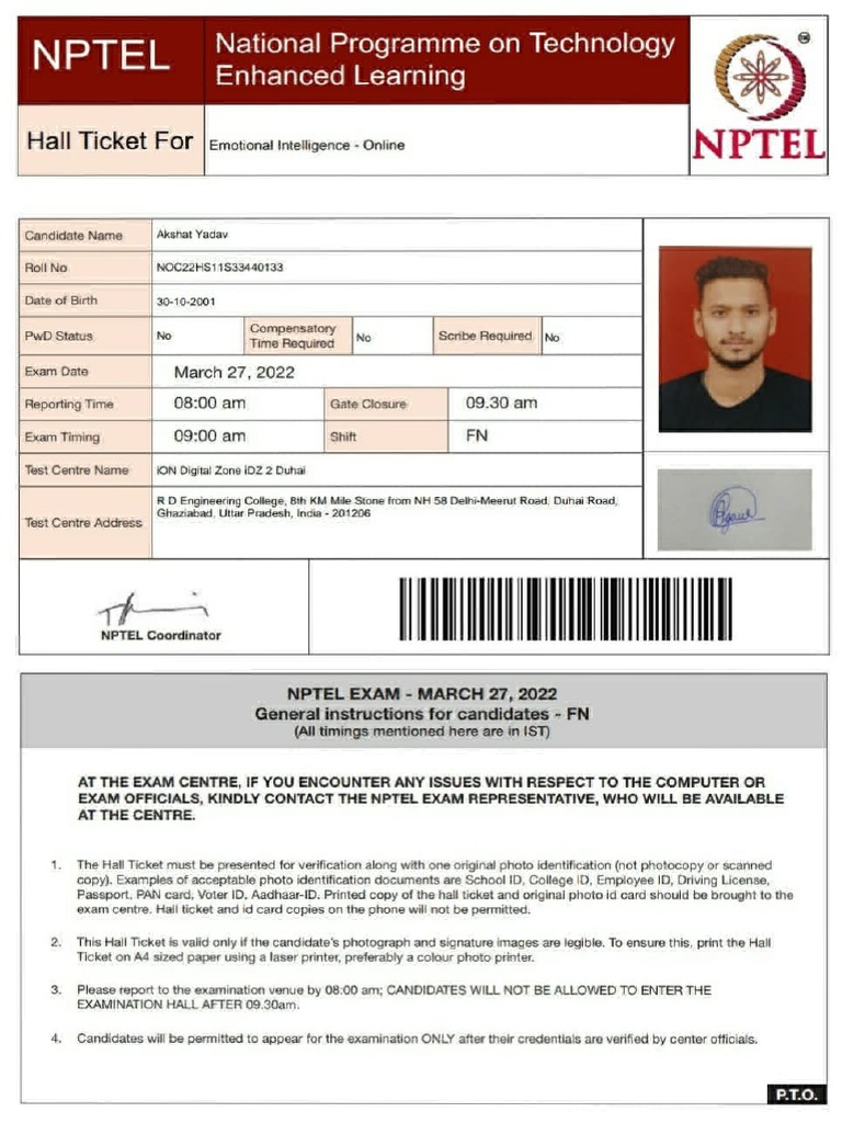Nptel Admitcard | PDF | Identity Document