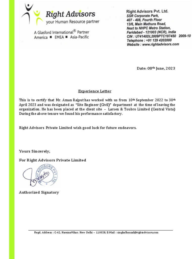 L&T Experience Certificate for Site Engineer | PDF | Business | Finance ...