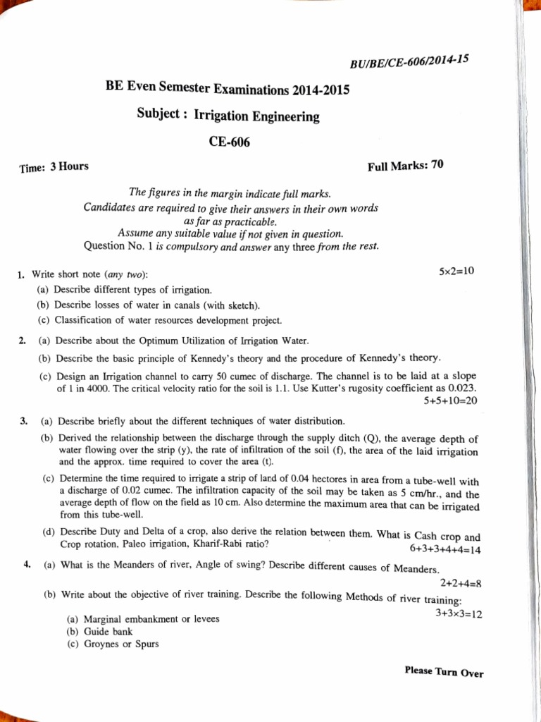 Irrigation Engineering Exam Questions | PDF | Irrigation | Drainage Basin
