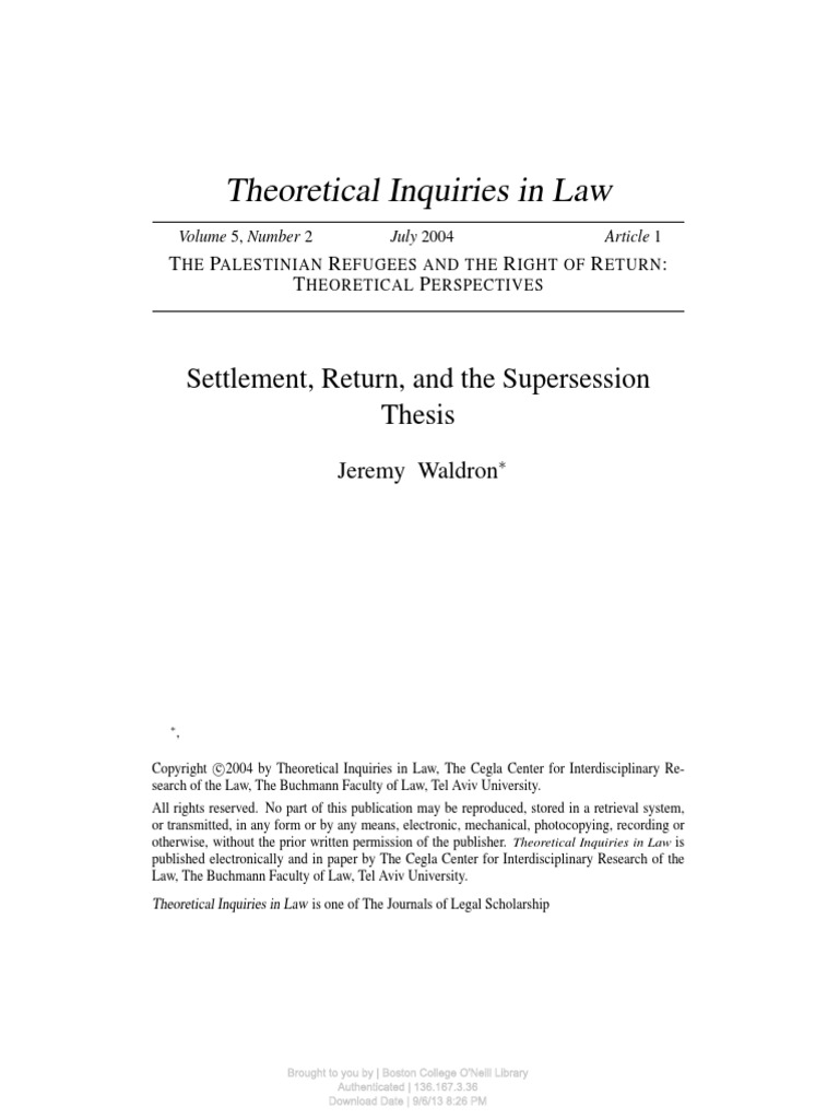 Waldron, Jeremy - Settlement, Return, and The Supersession Thesis | PDF | Palestinian Right Of ...