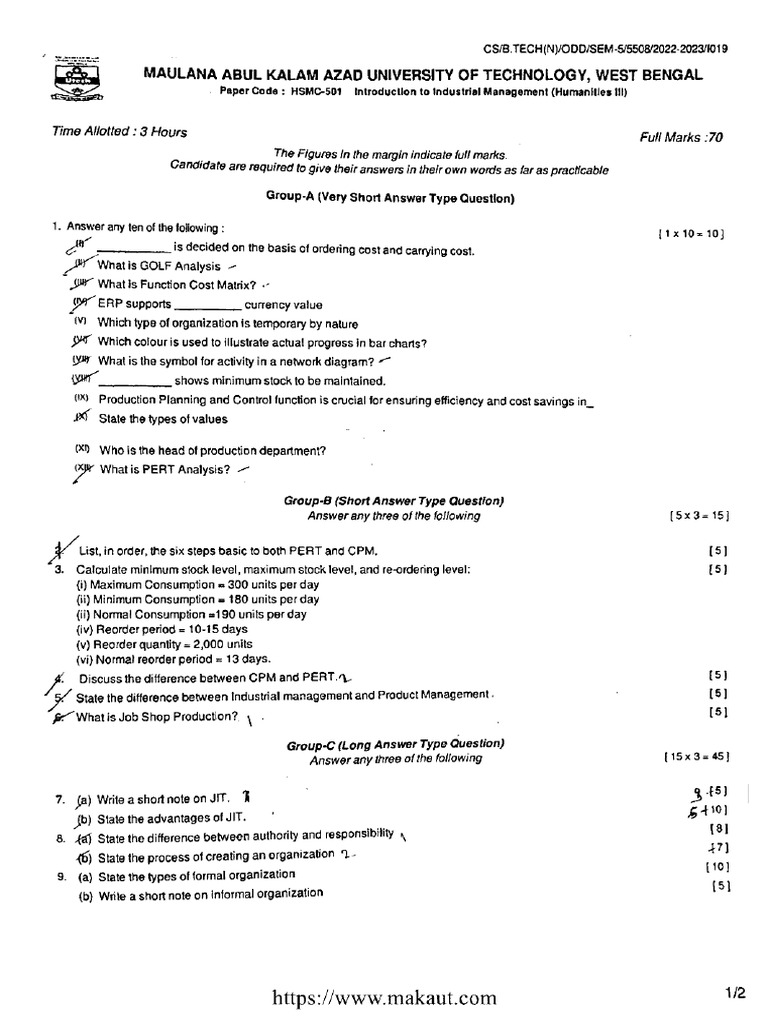 Btech HSMC 5 Sem Introduction To Industrial Management HSMC 501 2023 | PDF