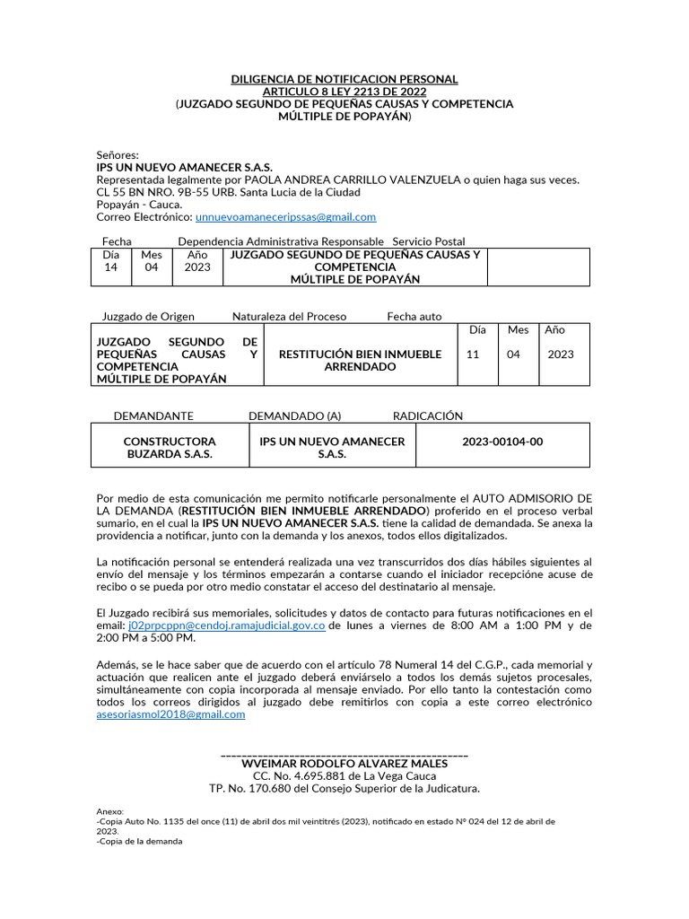 Notificacion Personal Articulo 8 Ley 2213 Del 2022 | PDF | Gobierno