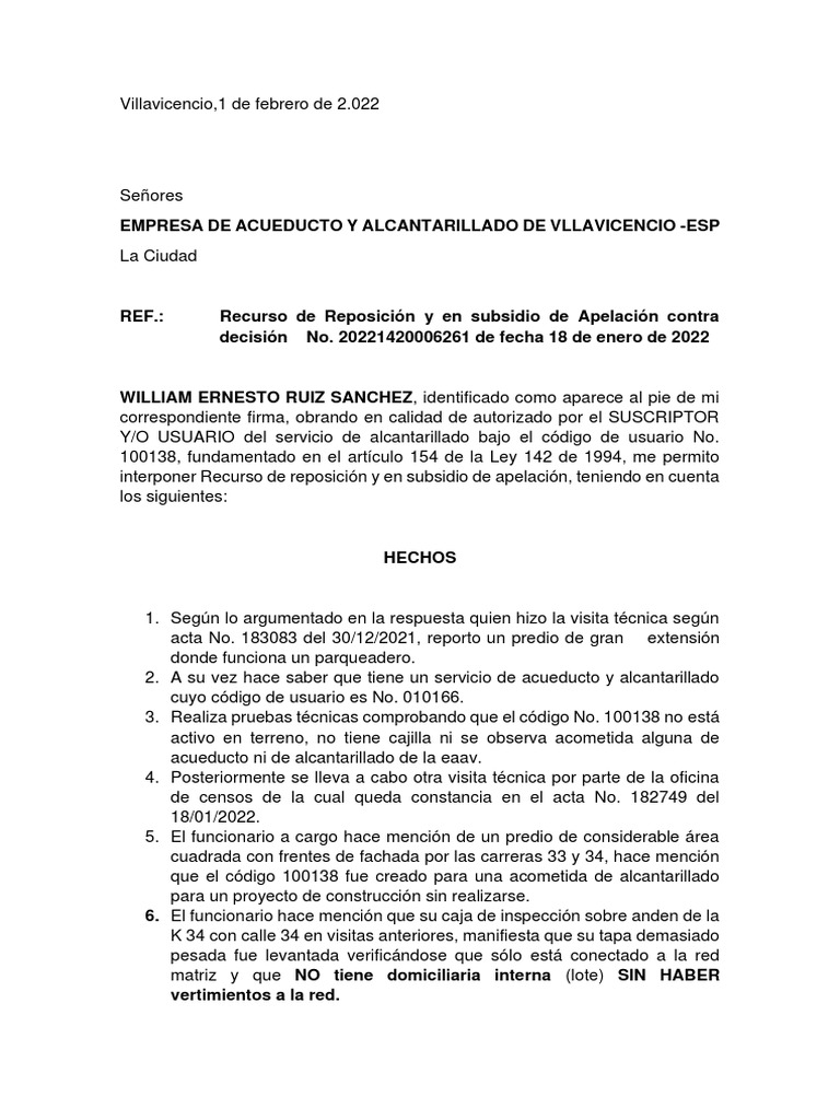 Revisión de RECURSO DE REPOSICION Y EN SUBSIDIO APELACION COD. 100138 | PDF