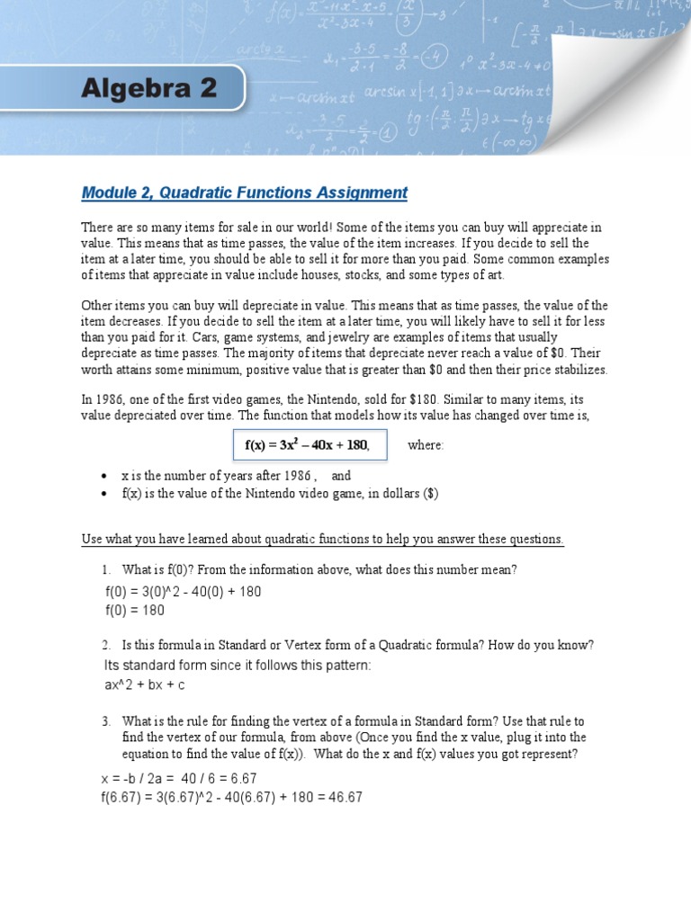 Module 2, Quadratic Functions Assignment: F (X) 3x - 40x + 180 | PDF | Quadratic Equation ...