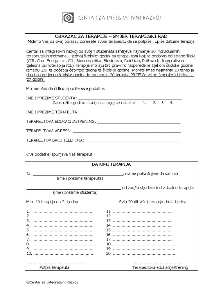 Terapije - obrazac-TERAPIJSKI RAD | PDF