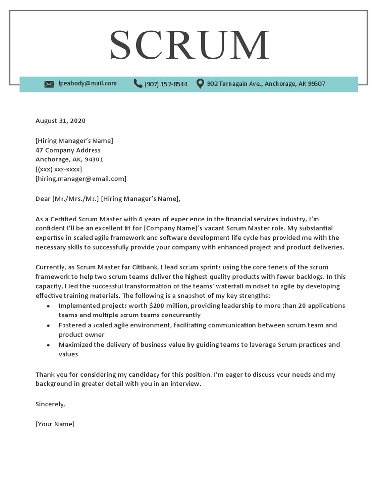 Scrum Master Cover Letter Example Windsor - Original | PDF | Scrum ...