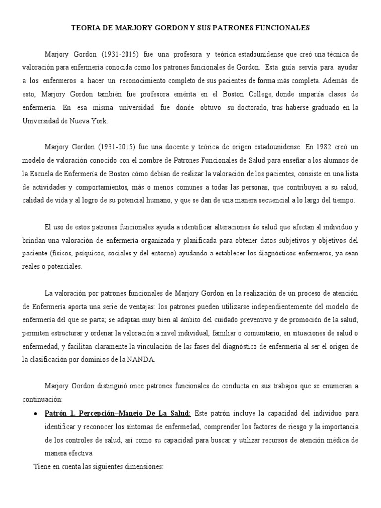 Teoria de Marjory Gordon y Sus Patrones Funcionales | PDF | Enfermería ...