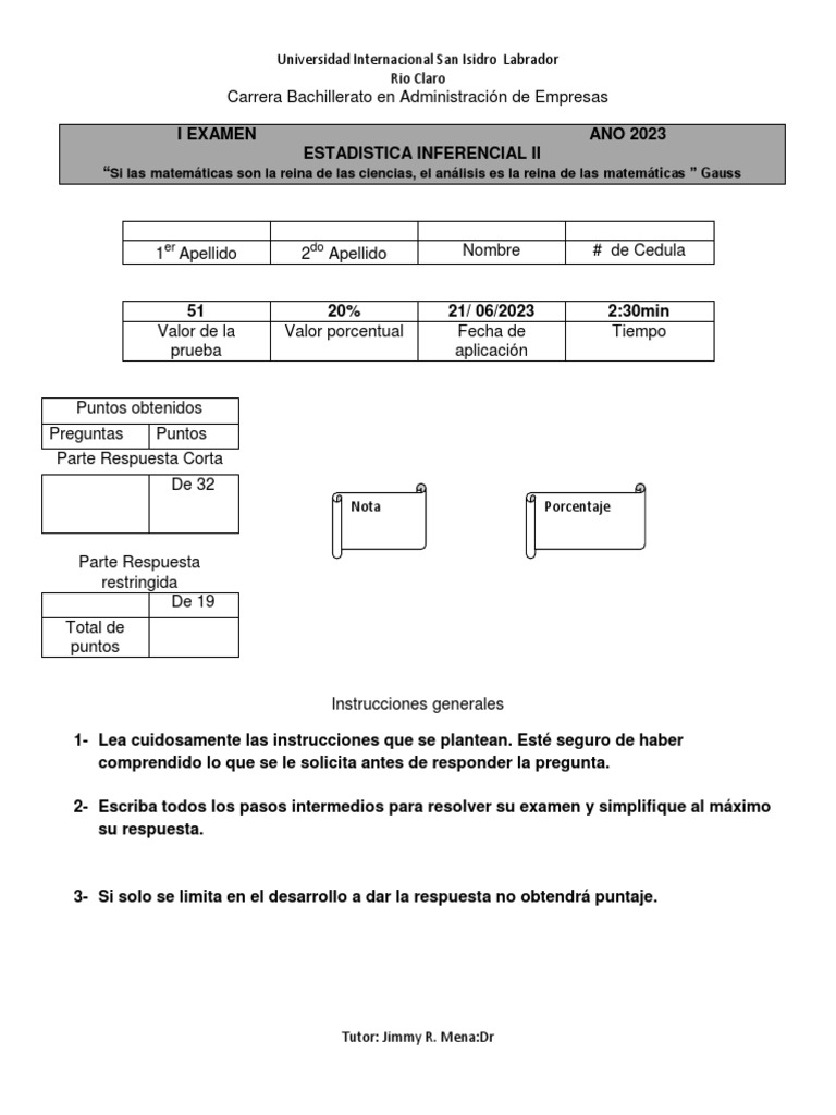 Primer Examen Estadistica II 2023 | PDF | Probabilidad | Matemáticas