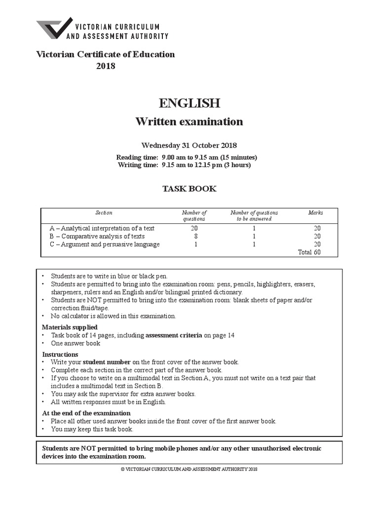 VCAA VCE English Exam: 2018 | PDF | General Fiction