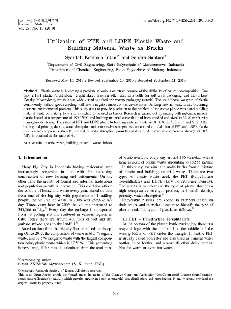 Utilization of PTE and LDPE Plastic Waste and Building Material Waste ...