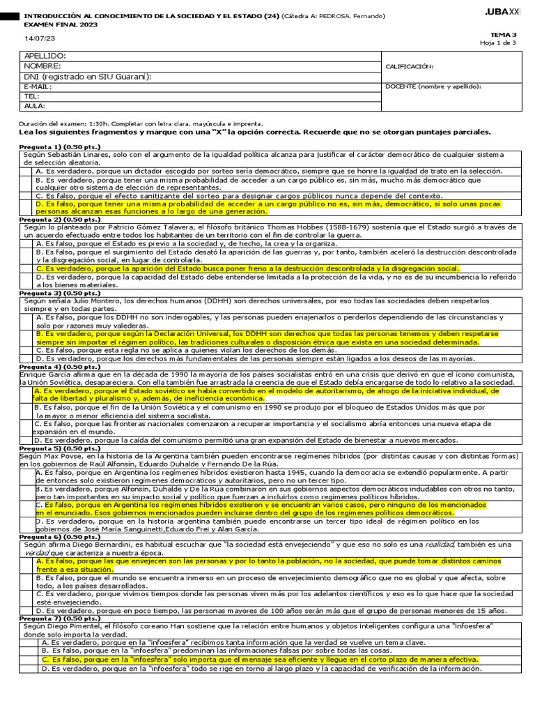ICSE - Examen Final - TEMA 3 - CLAVES DE CORRECCIÓN | PDF | Derechos humanos | Democracia