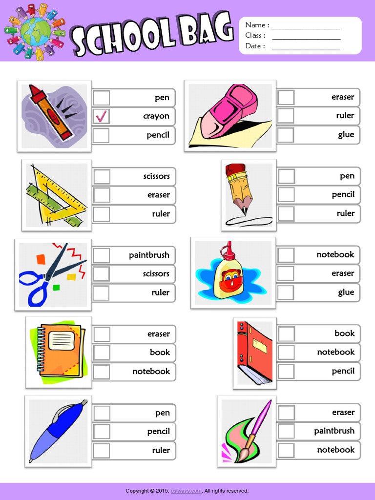 In My Schoolbag Esl Vocabulary Multiple Choice Worksheet For Kids | PDF