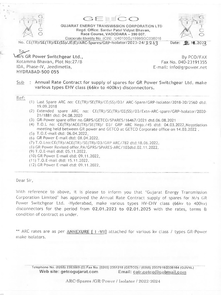 @ARC For Supply of Spares For GR Power Switchgear Ltd. Make Various ...