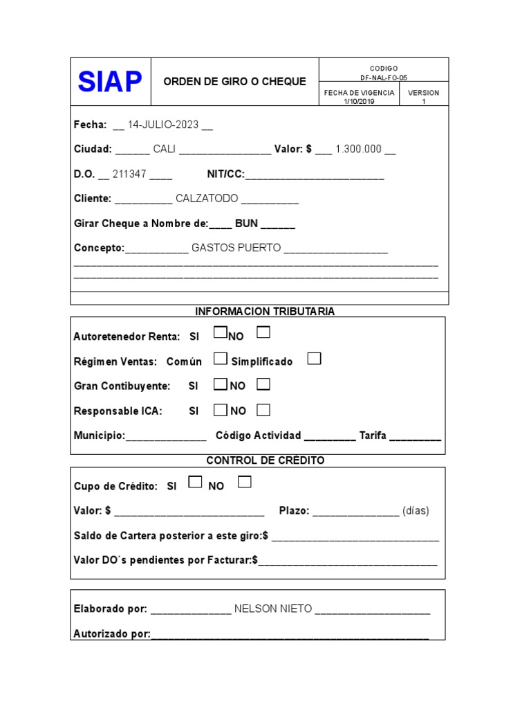 Df-Nal-Fo-05 Orden de Giro o Cheque V1 | PDF