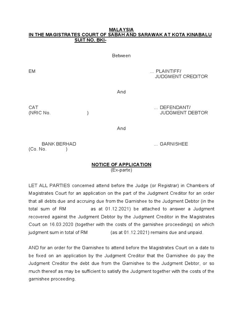 Notice of Application - Garnishee | PDF | Garnishment | Judgment (Law)