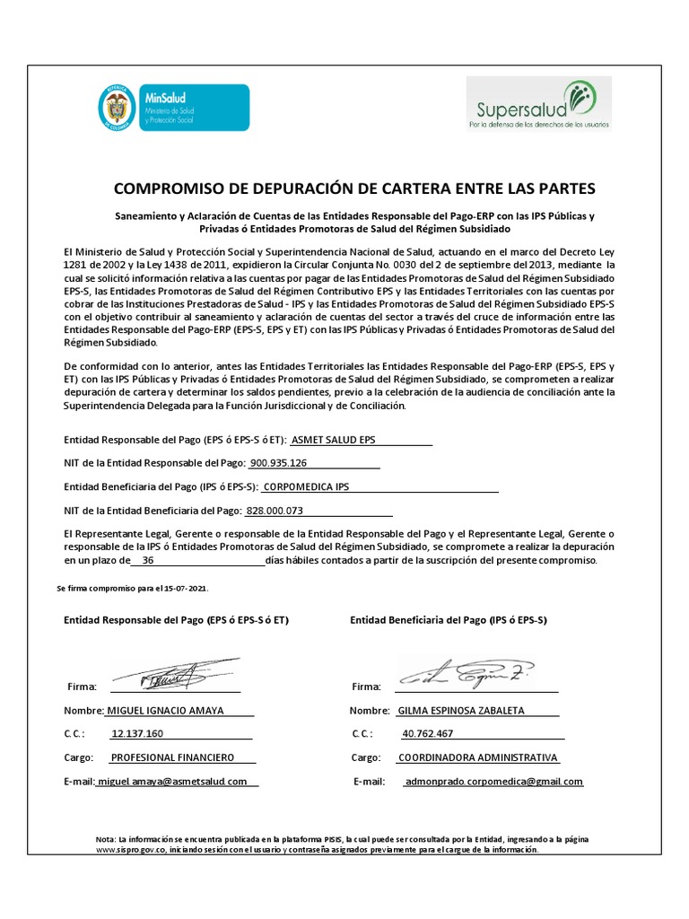 FORMATO COMPROMISO DEPURACION DE CARTERA Asmet Corpomedicas | PDF