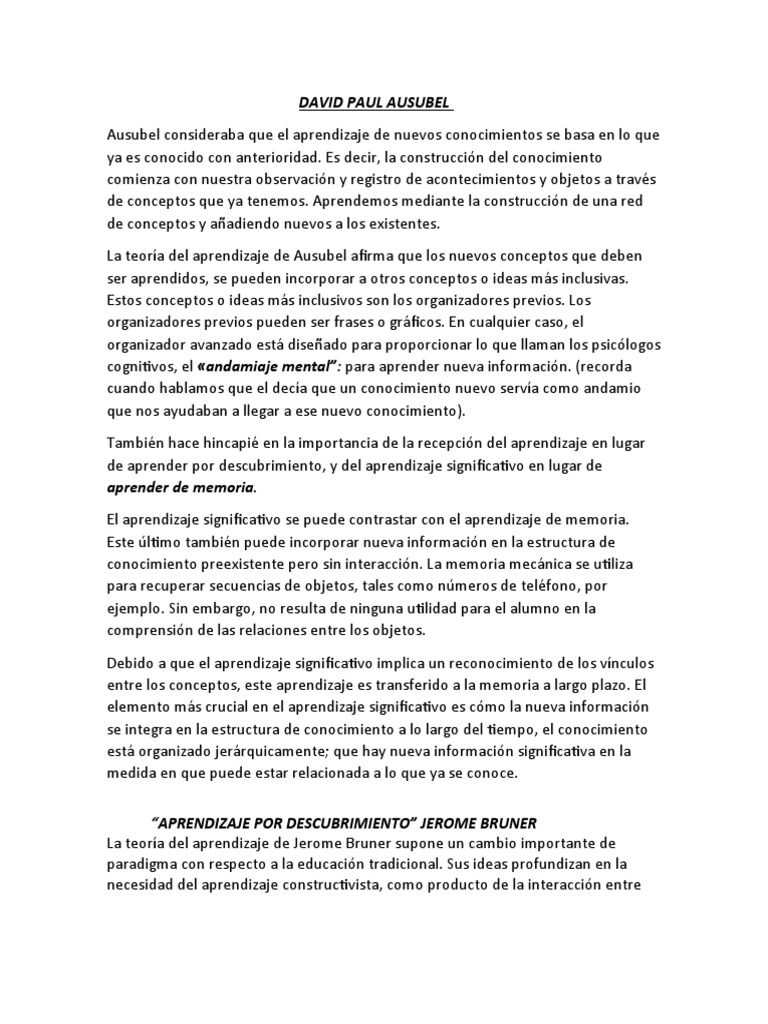David Paul Ausubel y Bruner | PDF | Aprendizaje | Teoría del ...