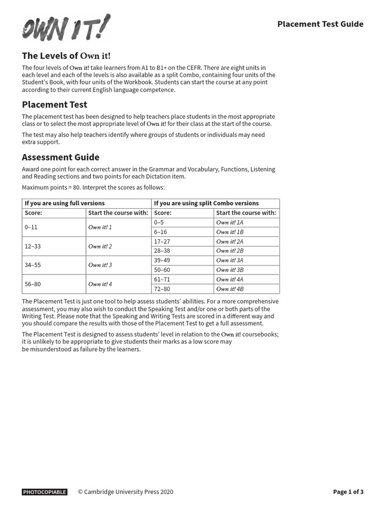 Ownit Placement Test Guide | PDF | Grammar | Vocabulary