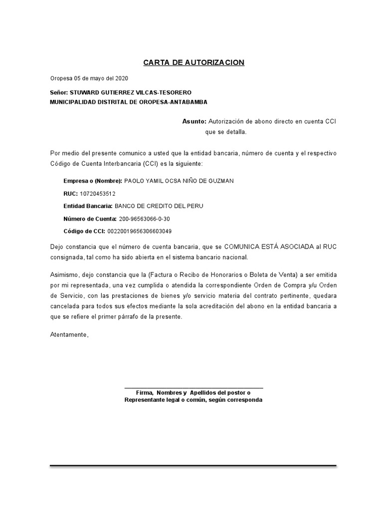 Anexo N 05 Formato de Carta de Autorizacion de Abono Directivo en ...