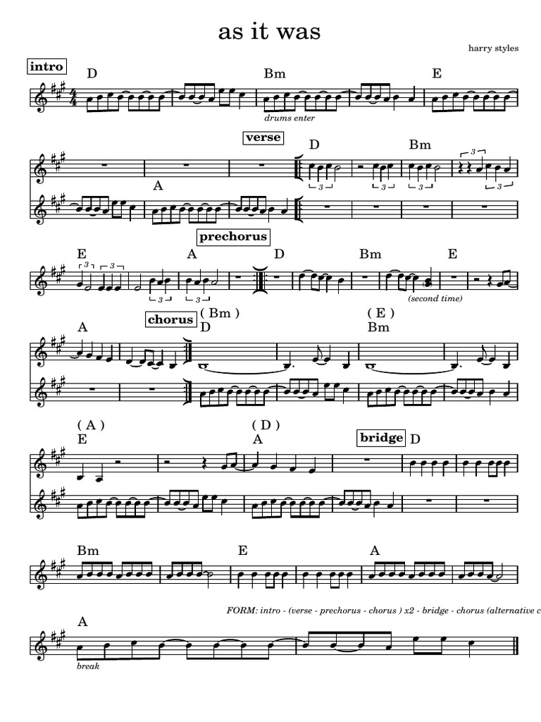 Harry Styles "As It Was" Sheet Music | PDF | Song Structure | Musical Forms