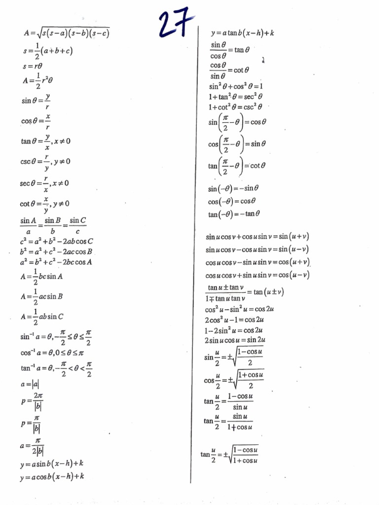 Alg2 Trig 2nd Semester Final Formula Sheet Pdf