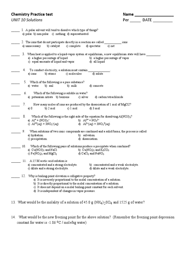 Unit 10 Chemistry Practice Test - Solutions-1 | PDF | Electrolyte ...
