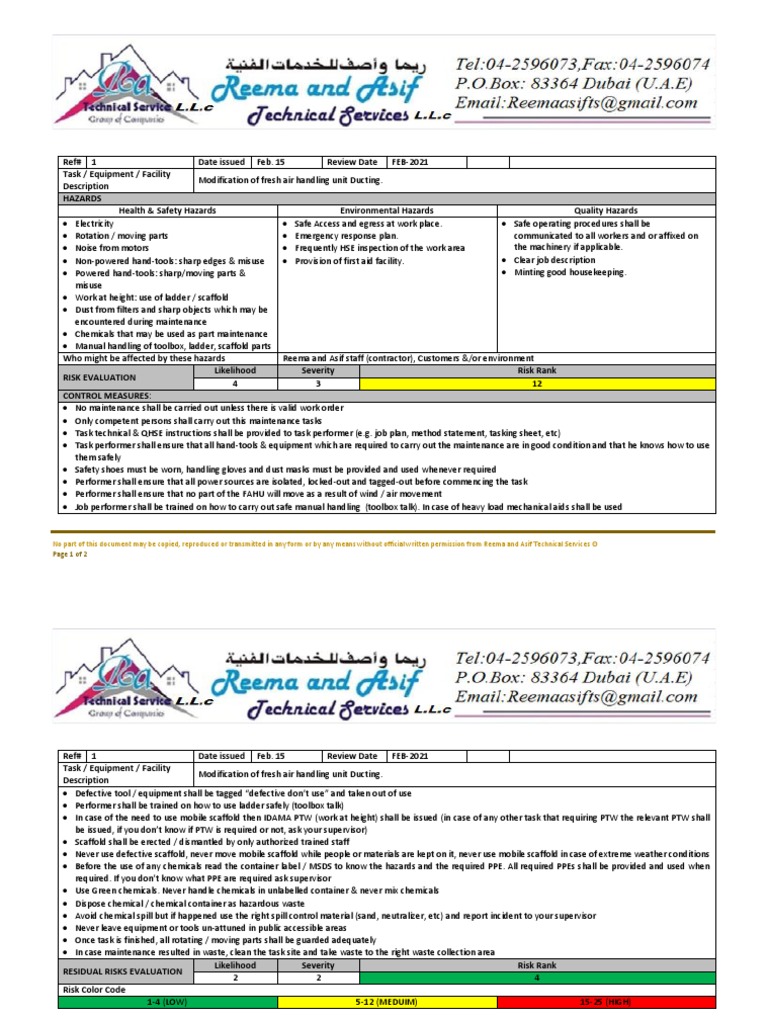 FAHU Risk Assessment | Download Free PDF | Occupational Safety And ...