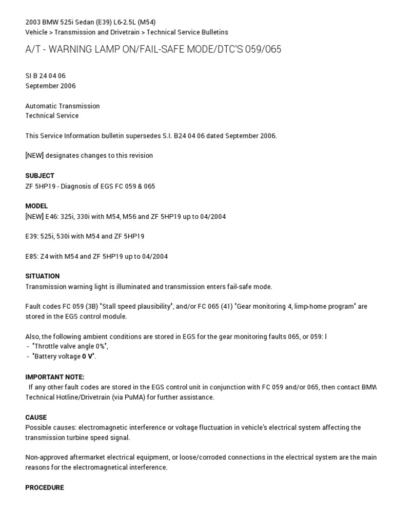 A - T - Warning Lamp ON - Fail-Safe Mode - DTC's 059 - 065 ...