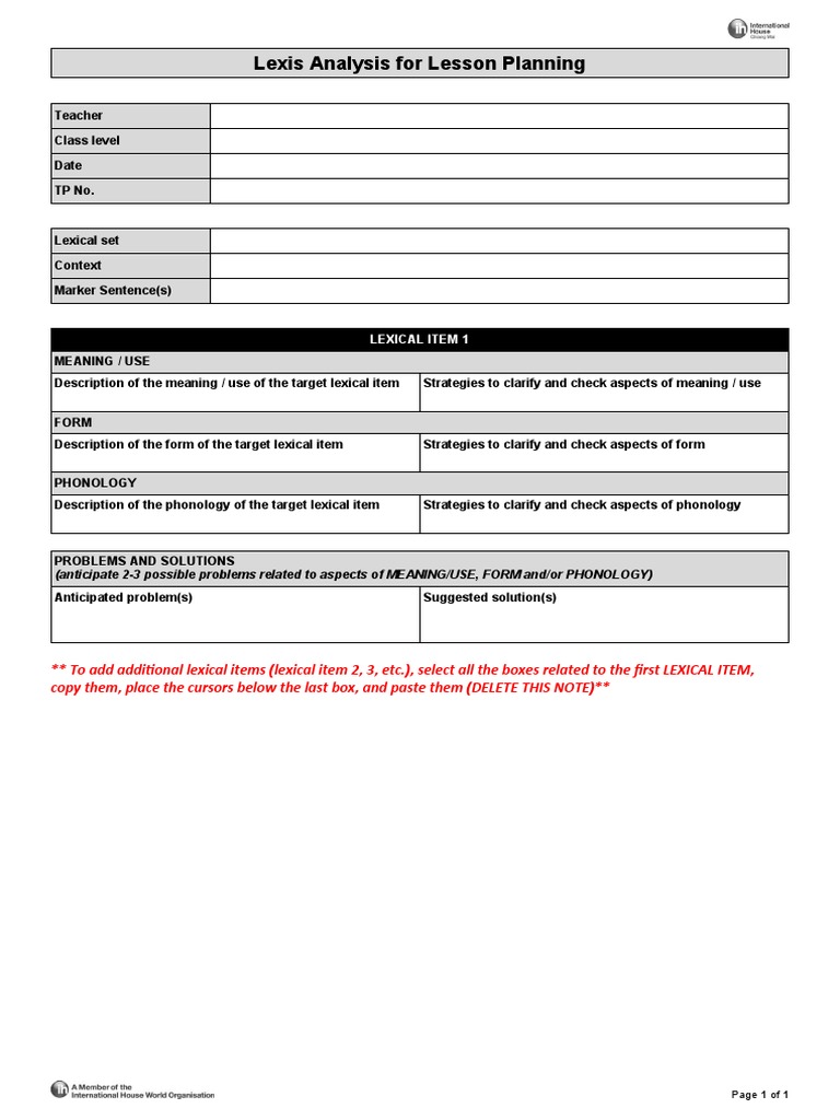 04 - CELTA Lesson Plan Template - Lexis Analysis Sheet - MS Word | PDF