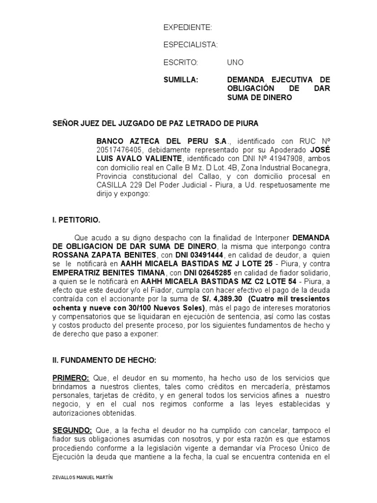 Formato de Demanda | PDF | Pagos | Demanda judicial