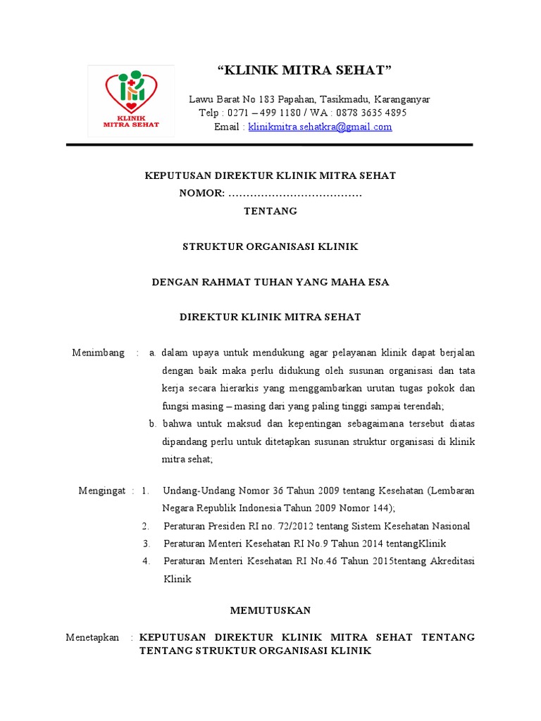 Struktur Organisasi Klinik Mitra Sehat | PDF