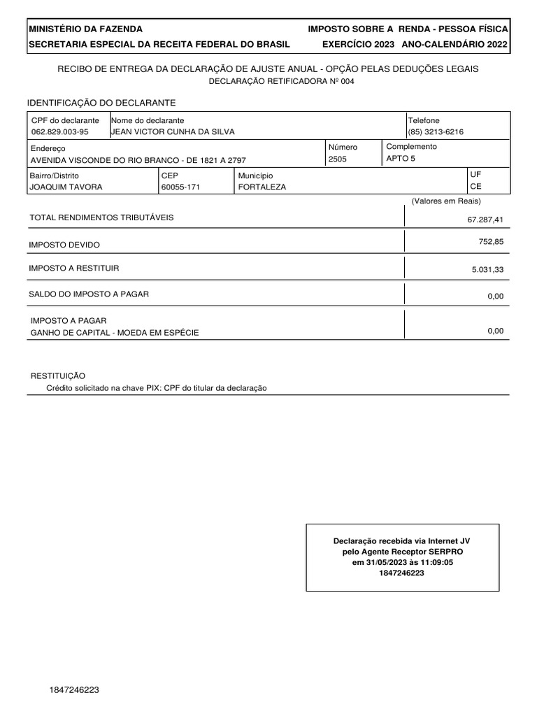 Irpf A 2023 2022 Retif Recibo | PDF | Imposto de Renda | Impostos