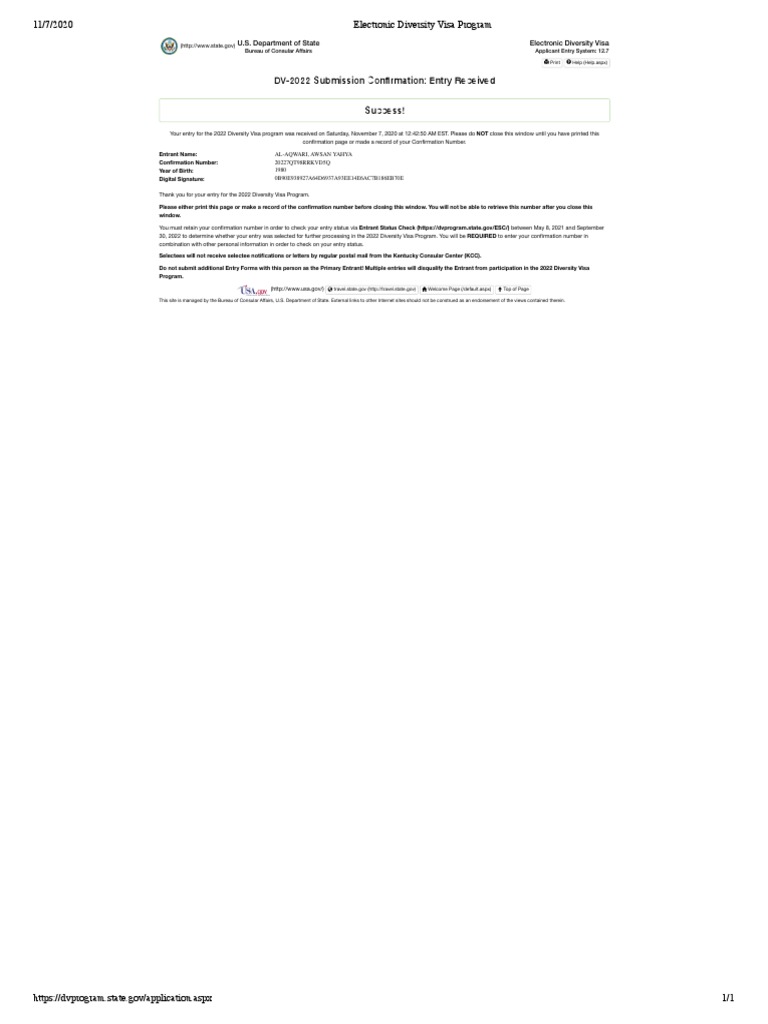Electronic Diversity Visa Program CONFIRMATION | Download Free PDF ...