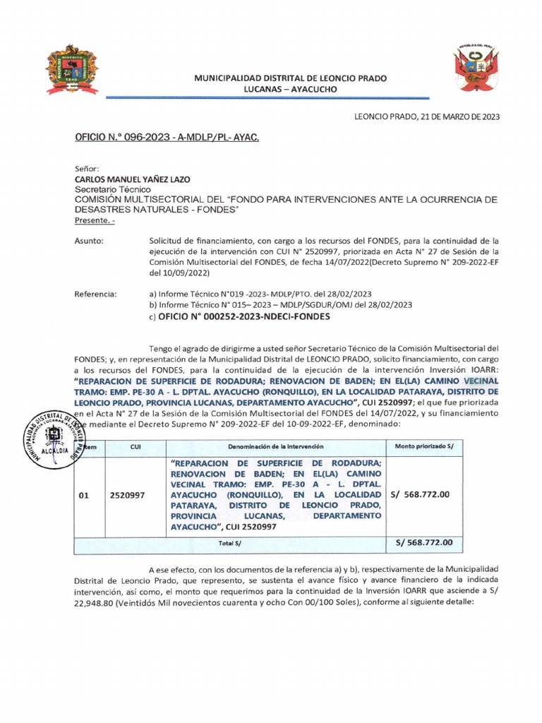Oficio N°096-2023-A-Mdlp - Pl-Ayac | PDF