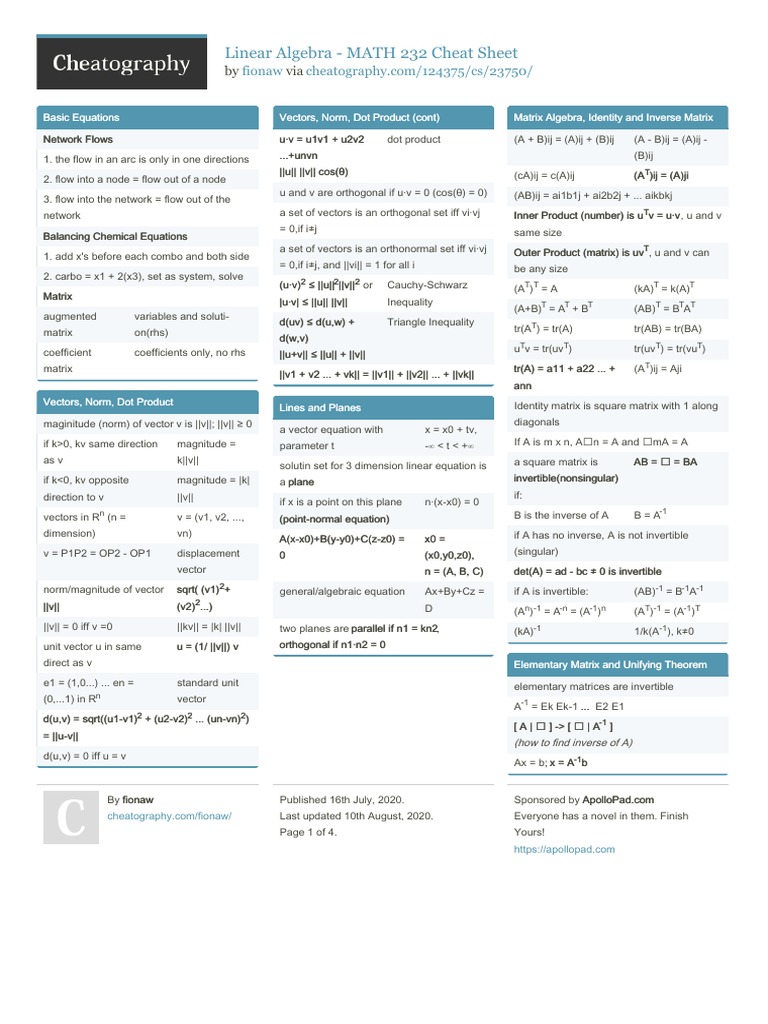 Cheat Sheet Fionaw - Linear Algebra Math 232 | PDF | Linear Subspace ... Cheat Sheet Fionaw - Linear Algebra Math 232 | PDF | Linear Subspace ...