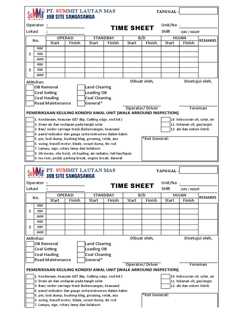 Contoh Time Sheet Alat Berat Harian | PDF