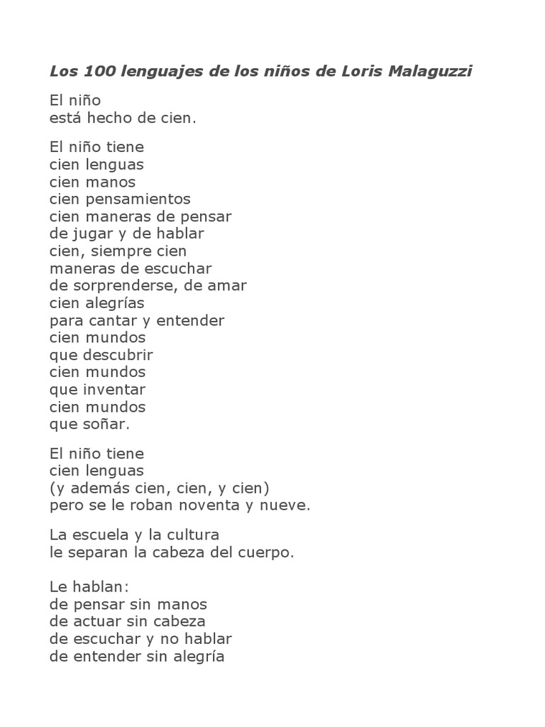 Los 100 Lenguajes de Los Nic3b1os de Loris Malaguzzi | PDF Los 100 Lenguajes de Los Nic3b1os de Loris Malaguzzi | PDF