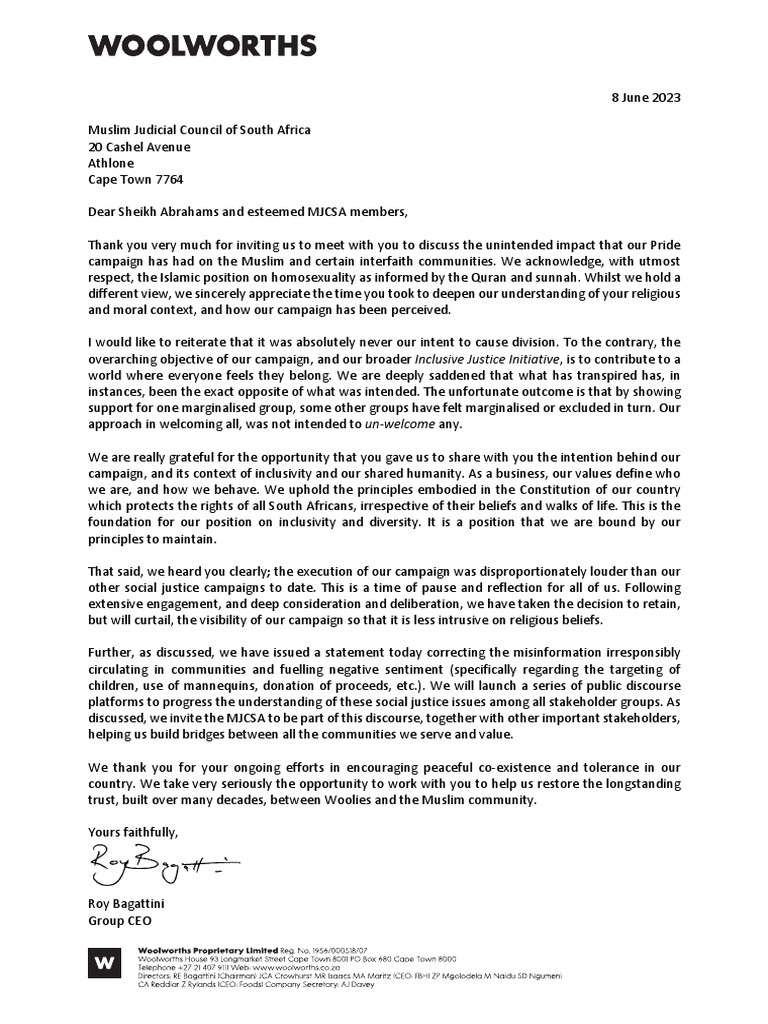 Woolworths Response To MJCSA - 08 06 2023 | PDF | Politics | Lifestyle Woolworths Response To MJCSA - 08 06 2023 | PDF | Politics | Lifestyle