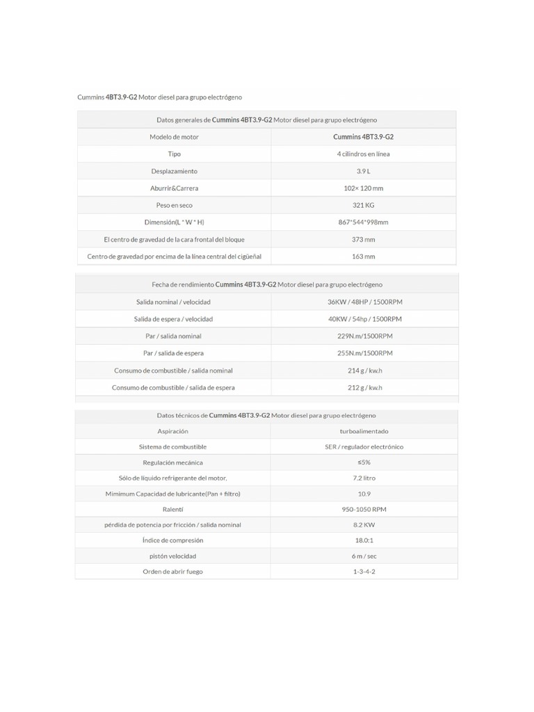 Ficha Tecnica Motor Cummins 4BT3.9-G2 | PDF