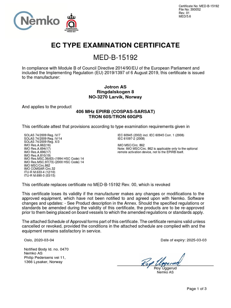 Certificate MED B 15192R1 Tron 60S - GPS | PDF | Computing