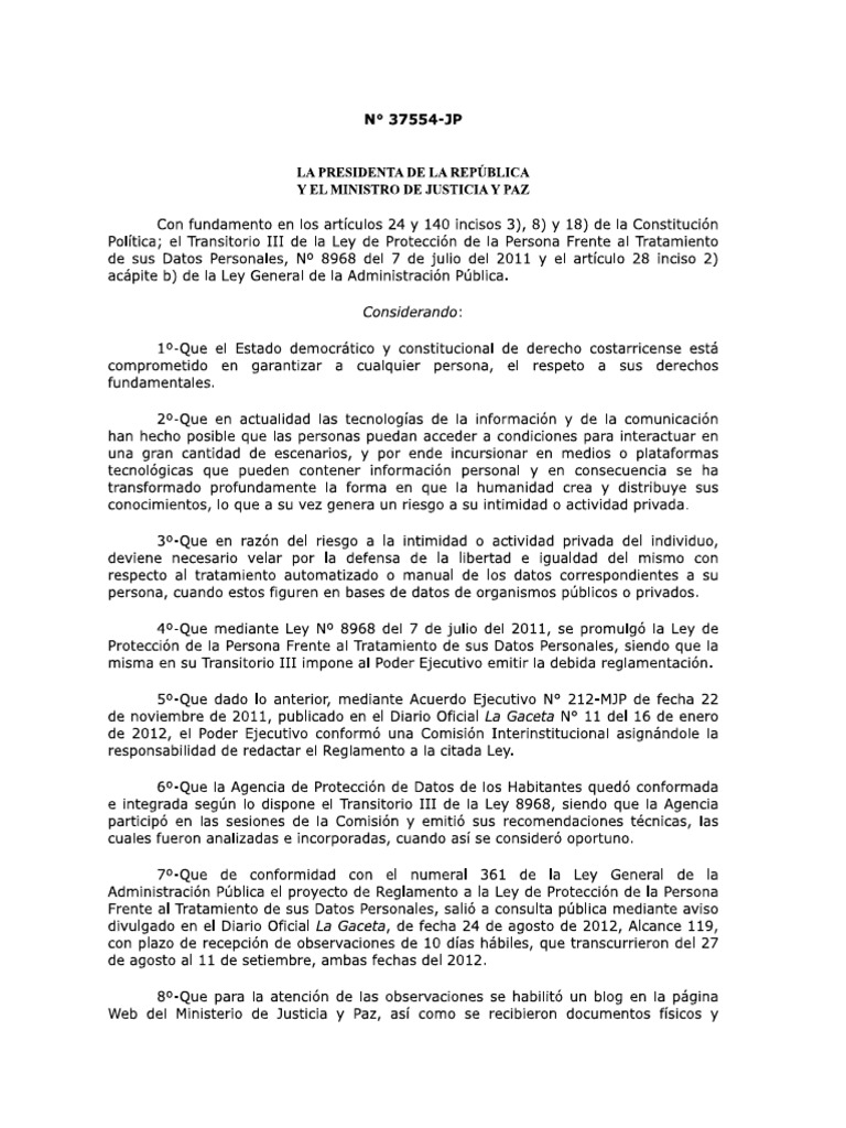 Reglamento Ley 8968 | PDF