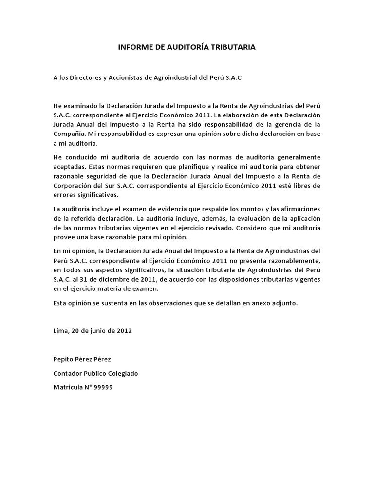 Modelo de Informe y Anexo de Auditoria Tributaria | PDF | Auditoría | Impuesto sobre la renta