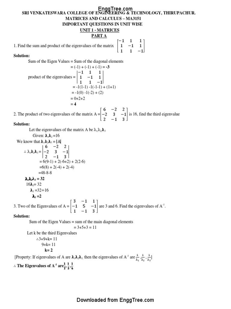 MA3151 Matrices and Calculus Two Mark Questions 2 | PDF | Eigenvalues And Eigenvectors | Matrix ...