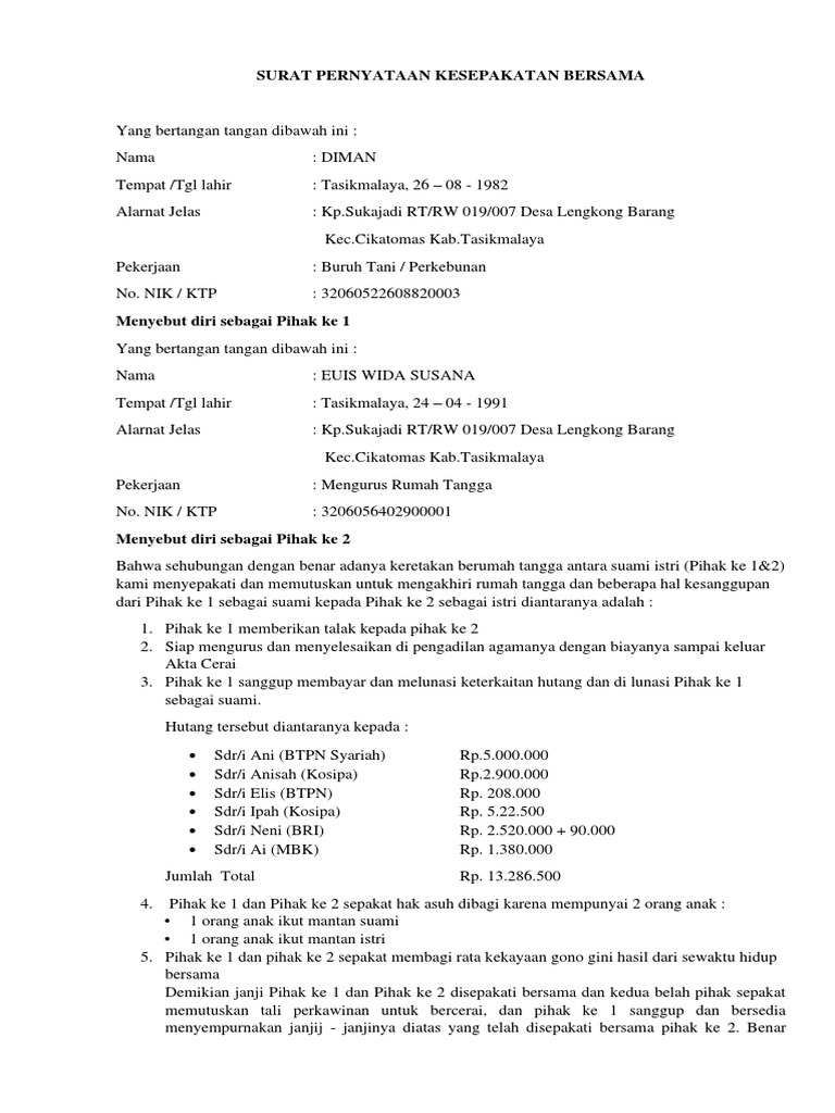 Contoh SURAT PERNYATAAN KESEPAKATAN BERS | PDF
