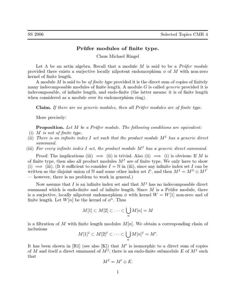 Claus Michael Ringel - Prufer Modules of Finite Type | PDF | Ring ...