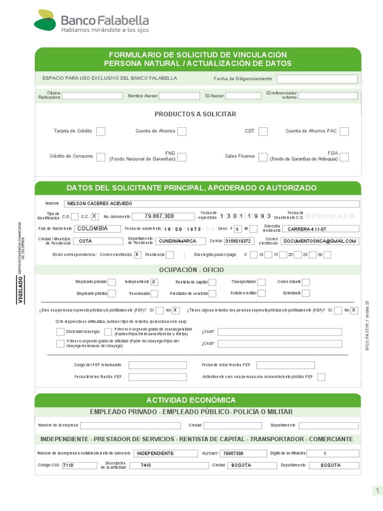 .1 Formulario Solicitud Vinculación Actualizacion Datos PN 202209 | PDF ...