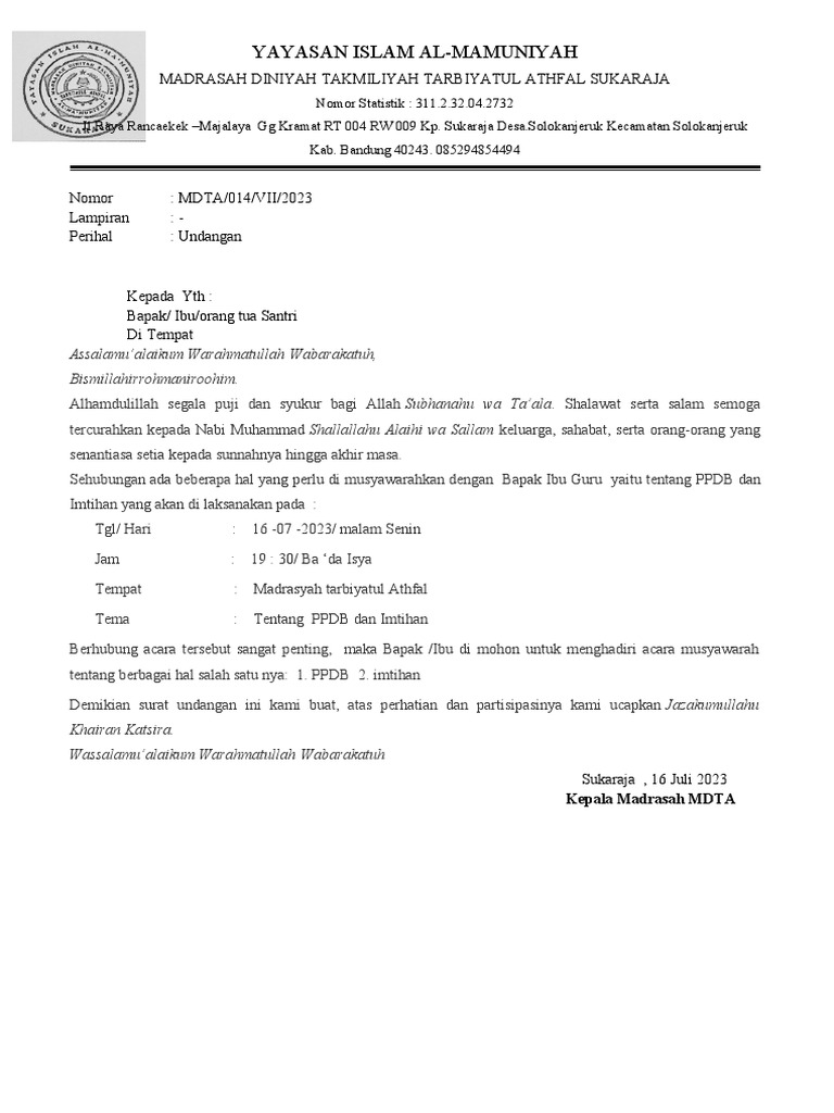 Surat Undangan Tarfal Rapat 2023-2024 | PDF | Agama & Spiritualitas