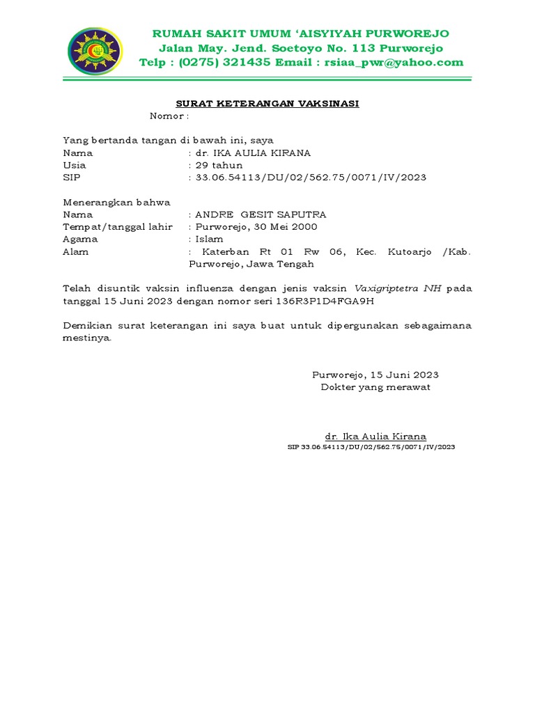 SURAT KETERANGAN VAKSINASI INFLUENZA ANDRE | PDF